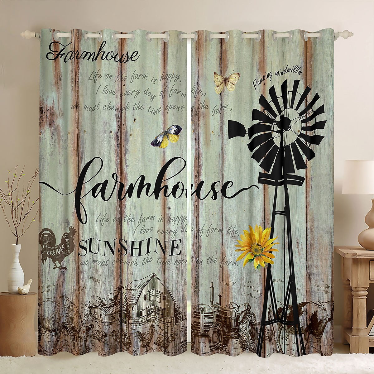 YST Rustic Farmhouse Curtains & Drapes 38"Wx54"L, Country Windmill ...