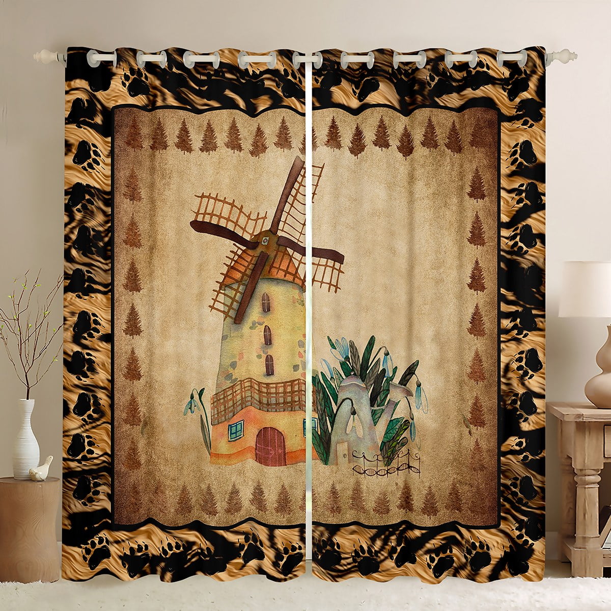 YST Rustic Farmhouse Curtains & Drapes Vintage Windmill Curtains, Brown ...