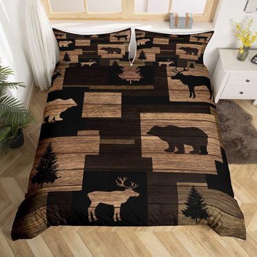 LUVIVIHOME 3PCS Deer Moose Elk Black Bear Duvet Cover Queen Bedding Set ...
