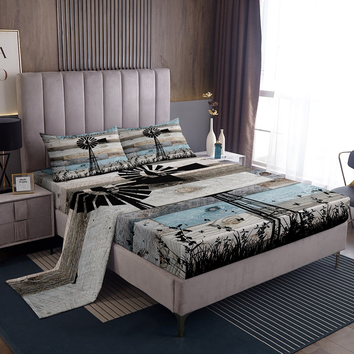 YST Rustic Farmhouse Sheet Set King, Black Windmill Sheets Cabin Room ...