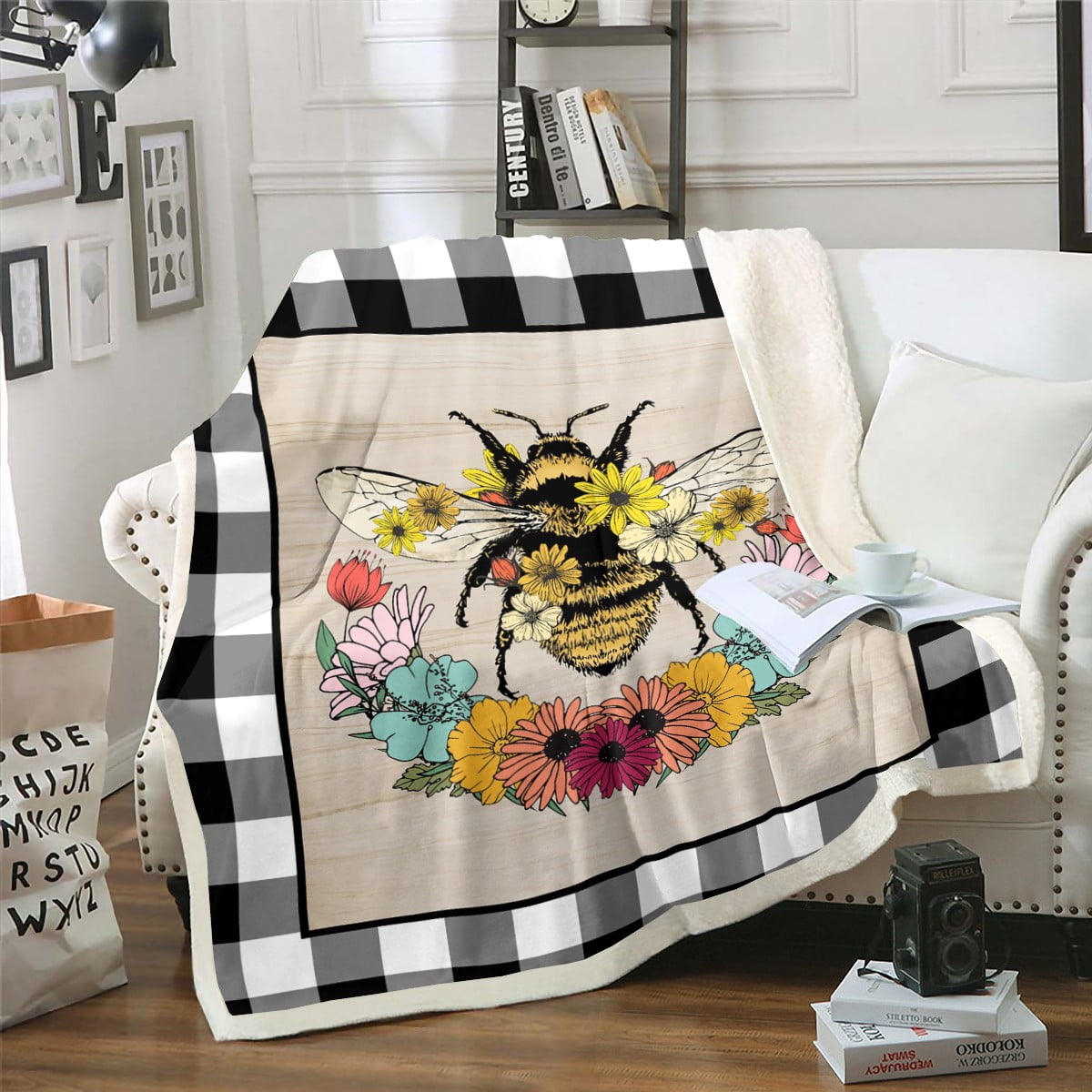 YST Rustic Farmhouse Throw Blanket for Couch Vintage Honey Bee Fleece ...