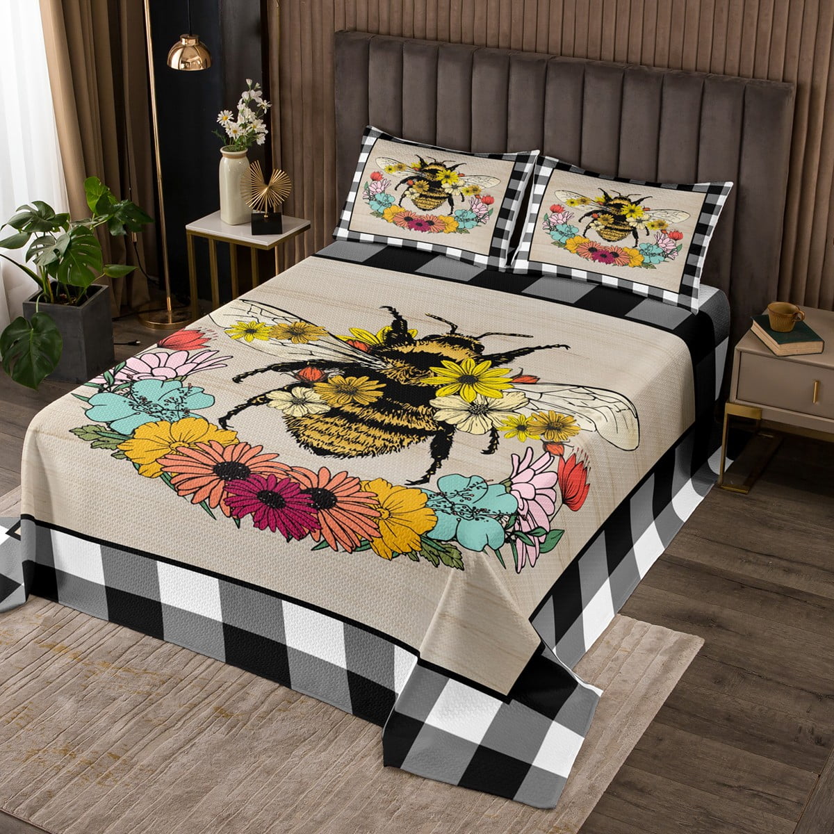 YST Rustic Farmhouse Twin Quilt Set Vintage Honey Bee Coverlet Set, Chic Flower Floral Bedding ...