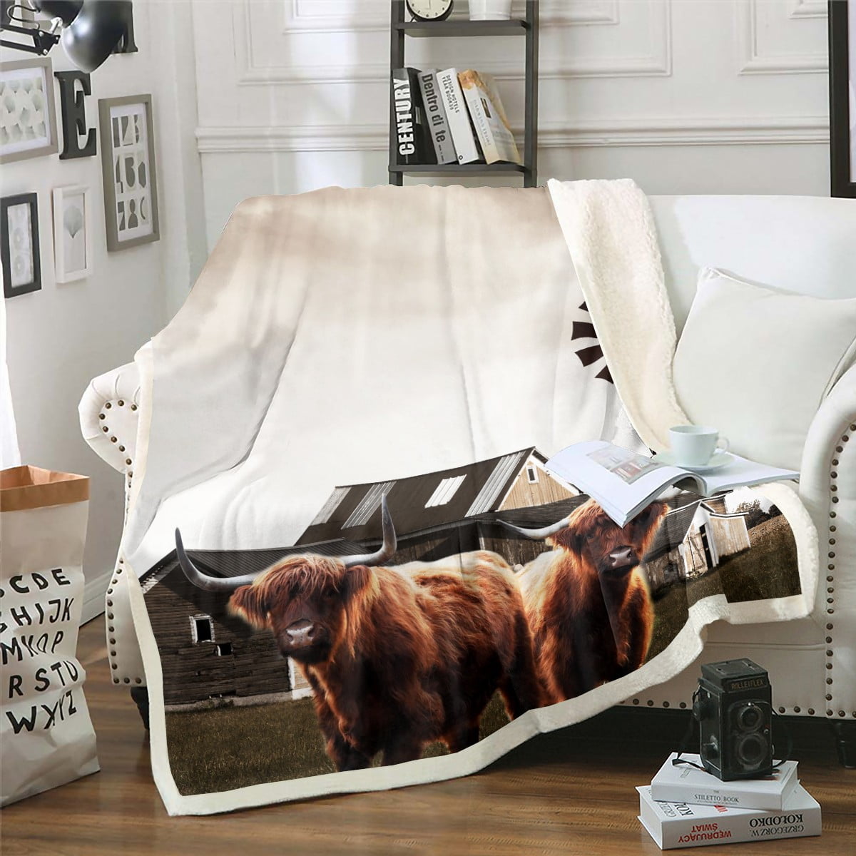 Rustic Highland Cow Sherpa Blanket Throw 50"X60" Farm Longhorn Bull ...