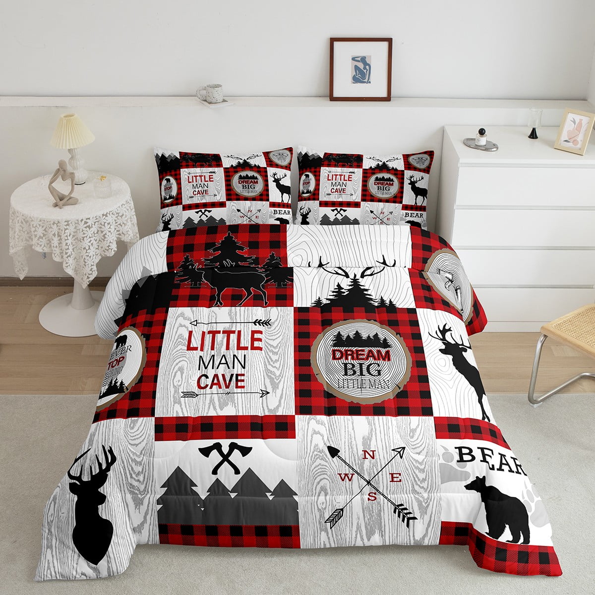 YST Rustic Kids Bedding Set Red Black Plaid Bear Deer Boys Comforter ...