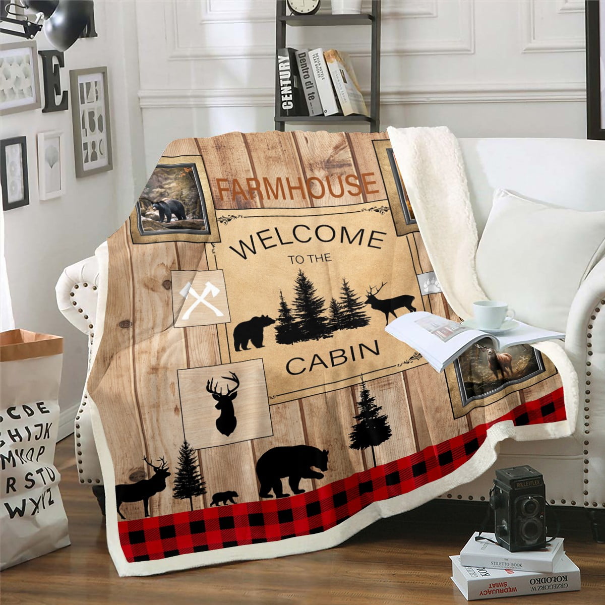 Rustic Throw Blanket Red Black Plaid Bear Deer Fleece Bed Blanket 30 ...