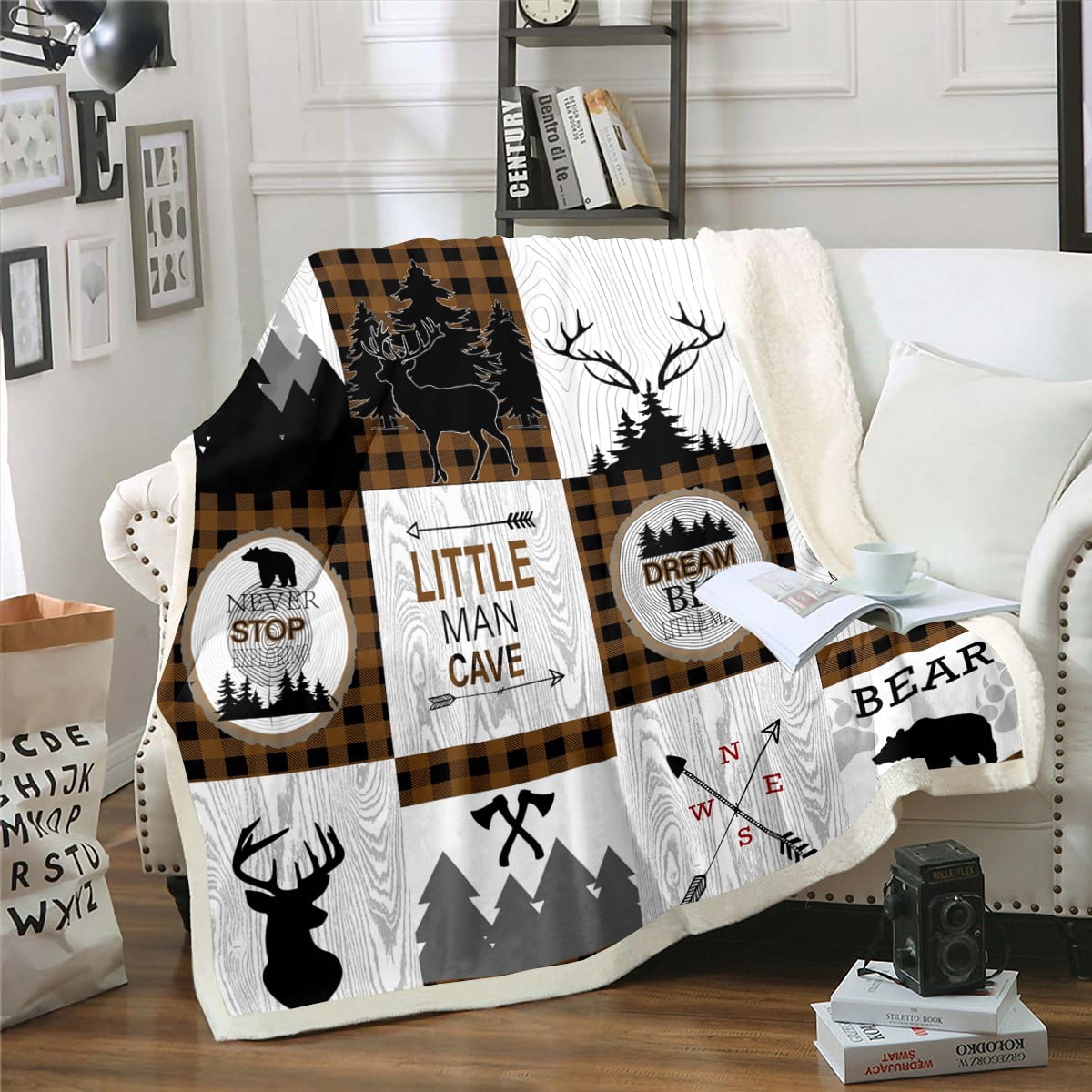 Rustic Patchwork 30"X40" Fleece Blanket ,Black White Grey Plaid Animal ...