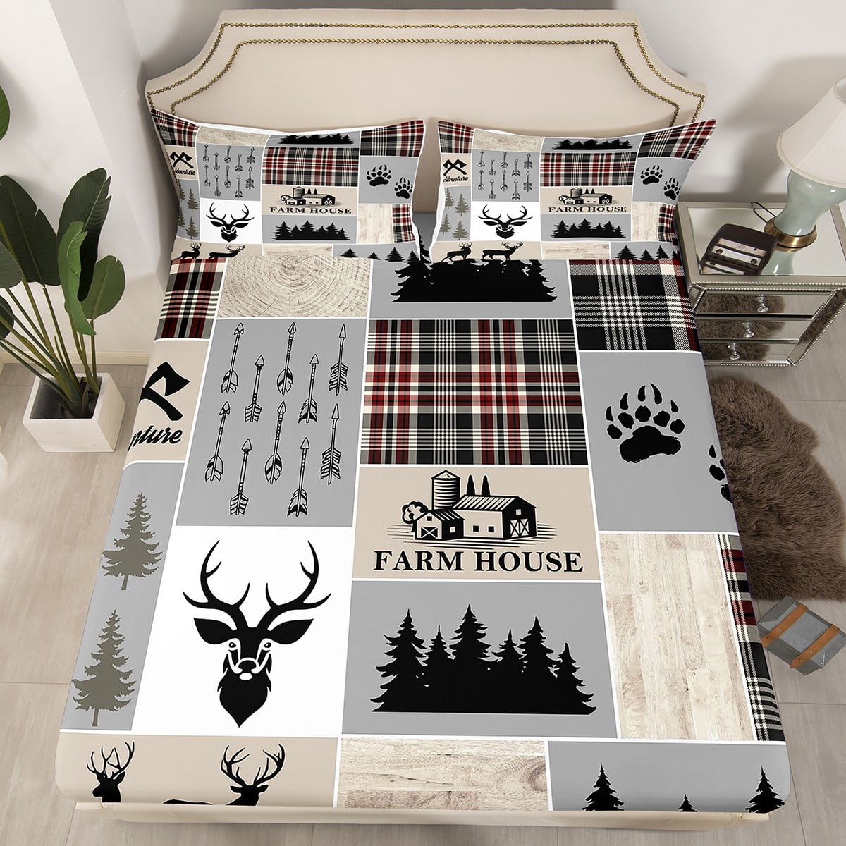 Rustic Patchwork Bed Sheets Queen Size, Retro Cabin Fitted Sheet Teens ...