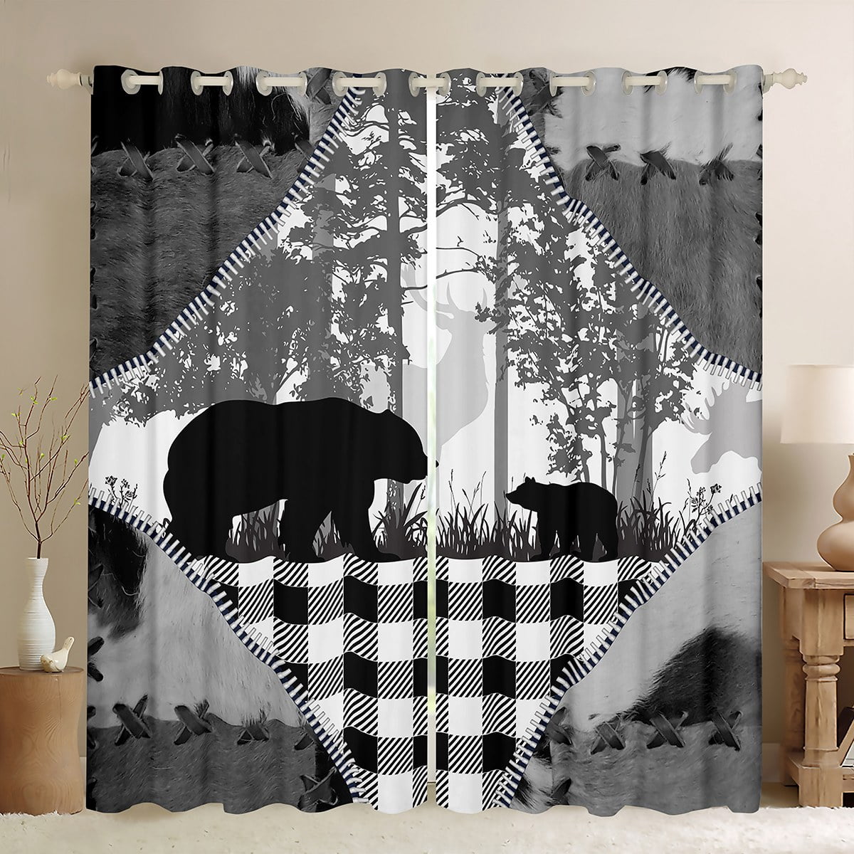 YST Rustic Patchwork Curtains, Bear Deee Animal Blackout Curtains for ...
