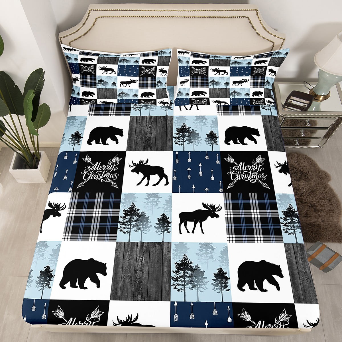 Erosebridal Rustic Patchwork Fitted Sheet Twin, Bear Deer Bedding Set ...