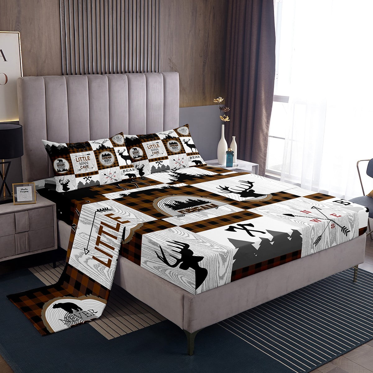 YST Rustic Patchwork Twin Bed Sheets For Boys,Black White Grey Plaid ...