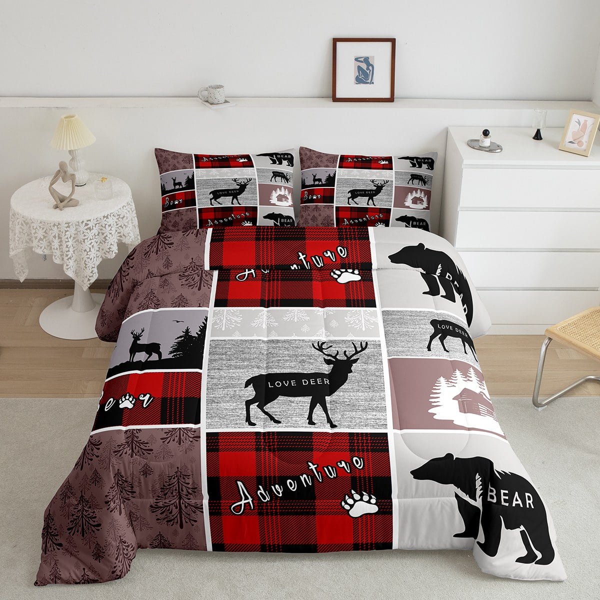 YST Rustic Plaid Patchwork Comforter Set Queen, Hunting Bear Deer ...