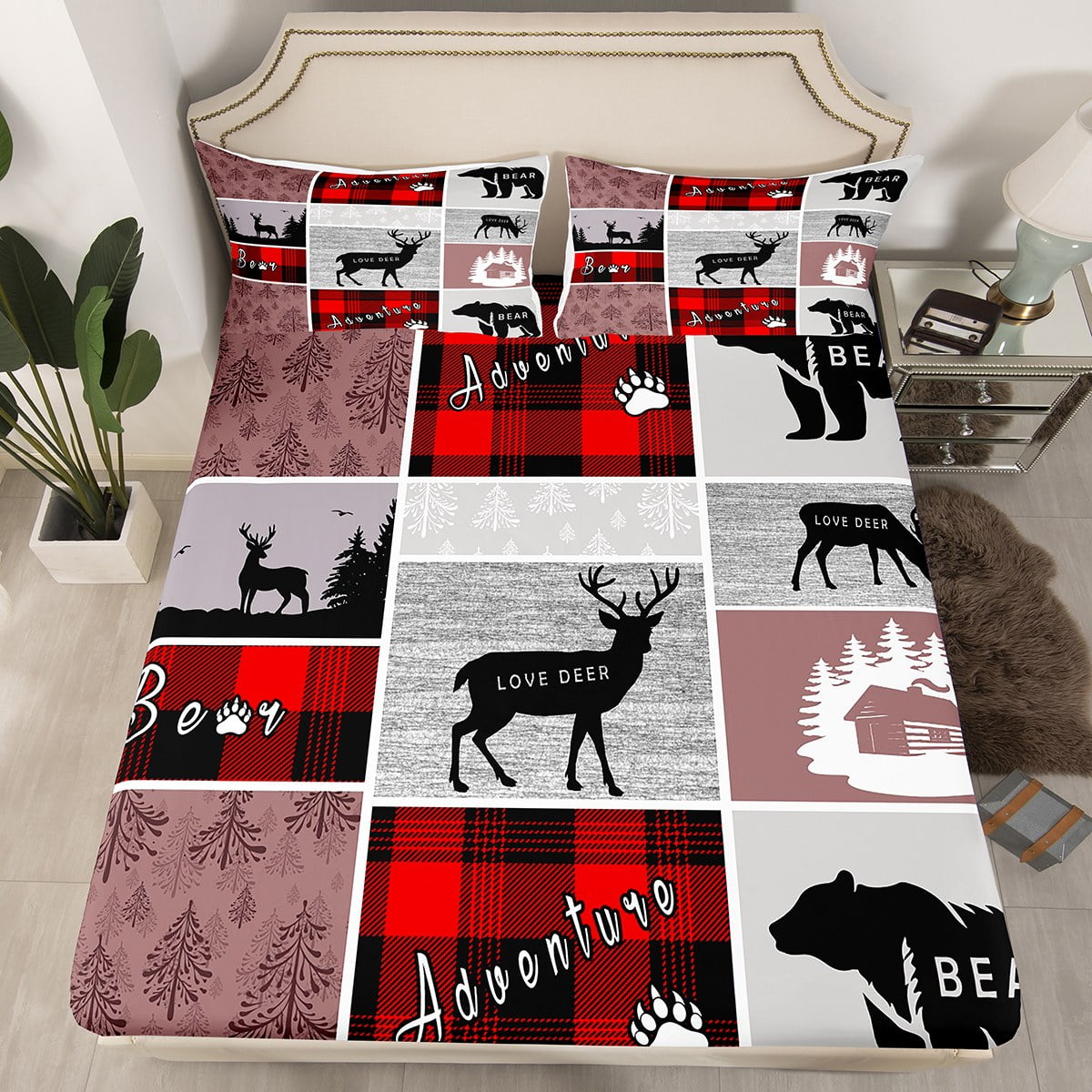 YST Rustic Plaid Patchwork Fitted Sheet Queen,Hunting Bear Deer Bedding ...