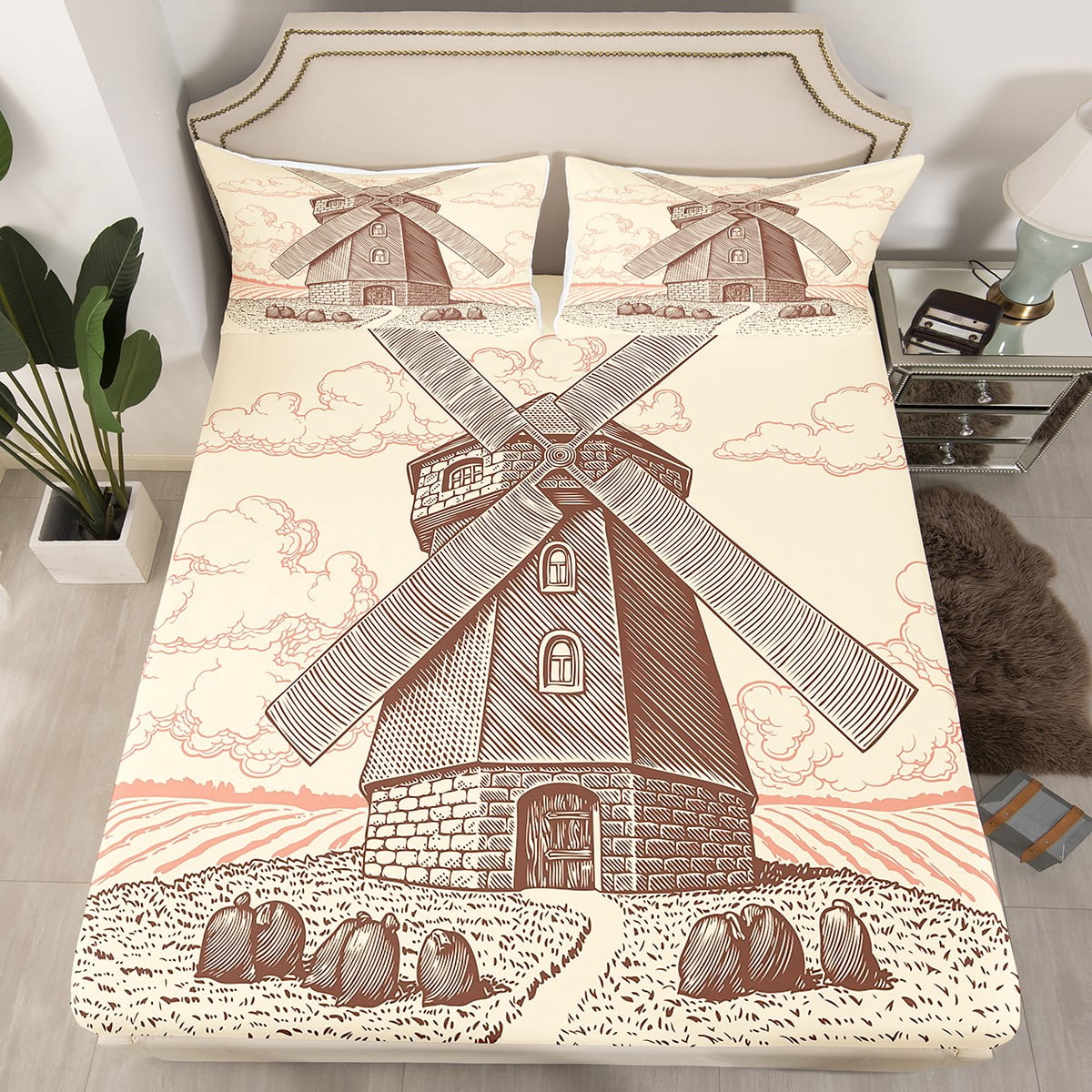 YST Rustic Queen Fitted Sheet Retro Windmill Sheets for Boys Girls ...