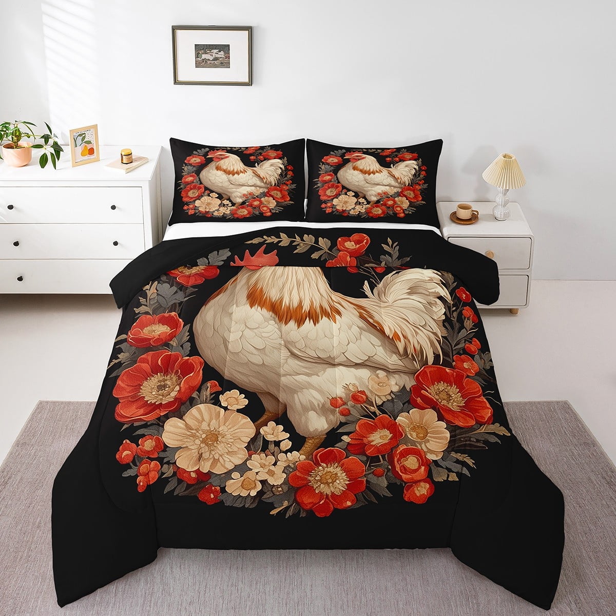 Rustic Rooster Bedding Set Teens Farmhouse Animals Quilt Queen Size Farm Country Style Comforter ...