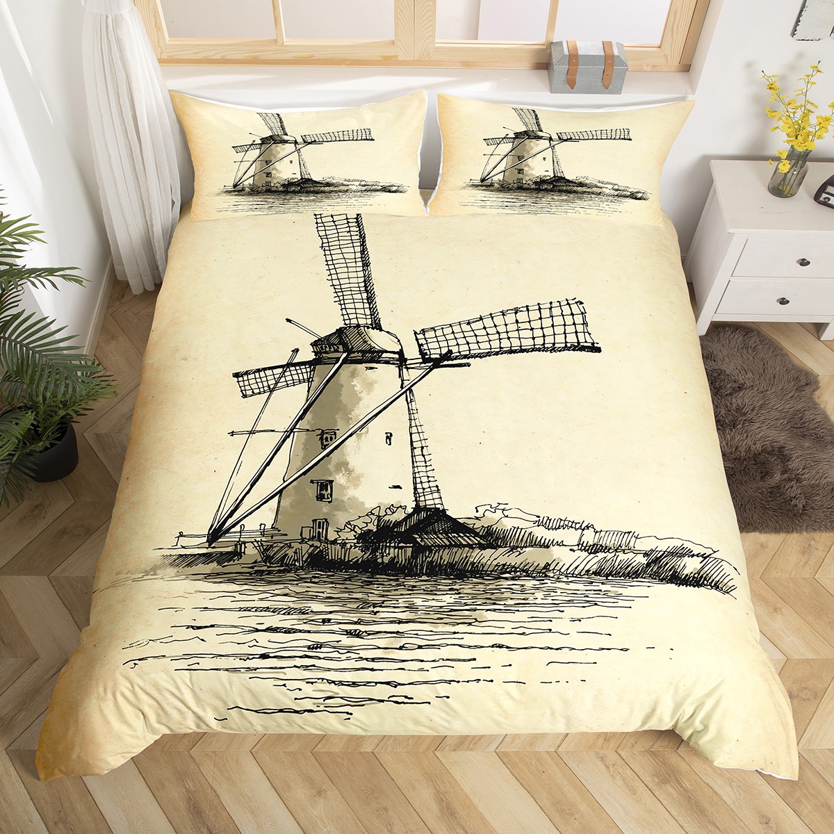 YST Rustic Windmill Bed Set Countryside Rural Barn Duvet Cover, Retro ...
