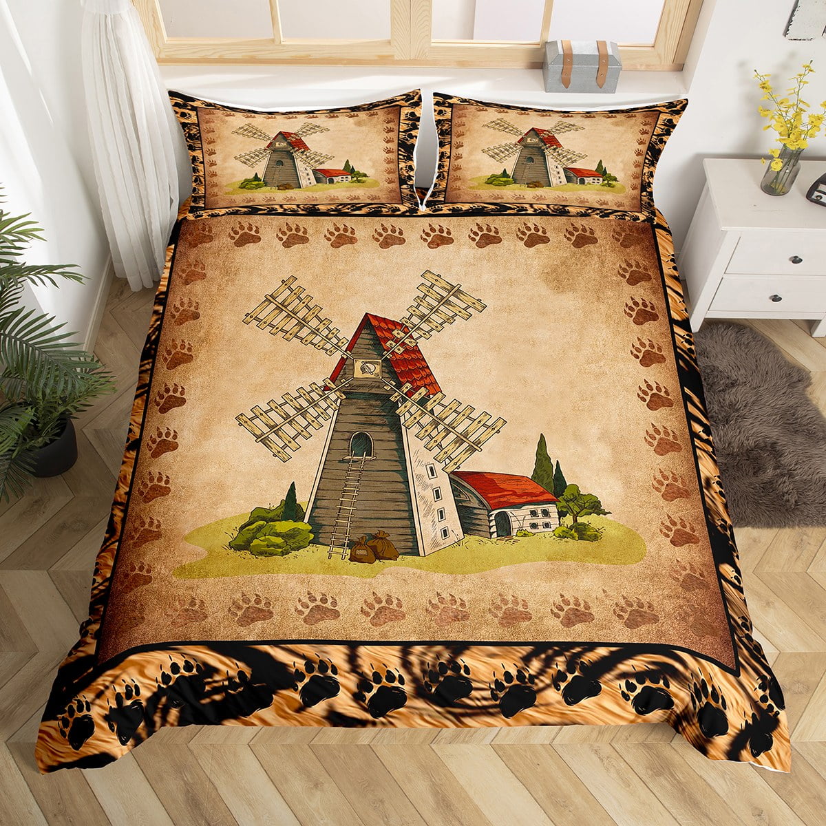 YST Rustic Windmill Bed Set Vintage Farmhouse Duvet Cover, Safari Bear ...