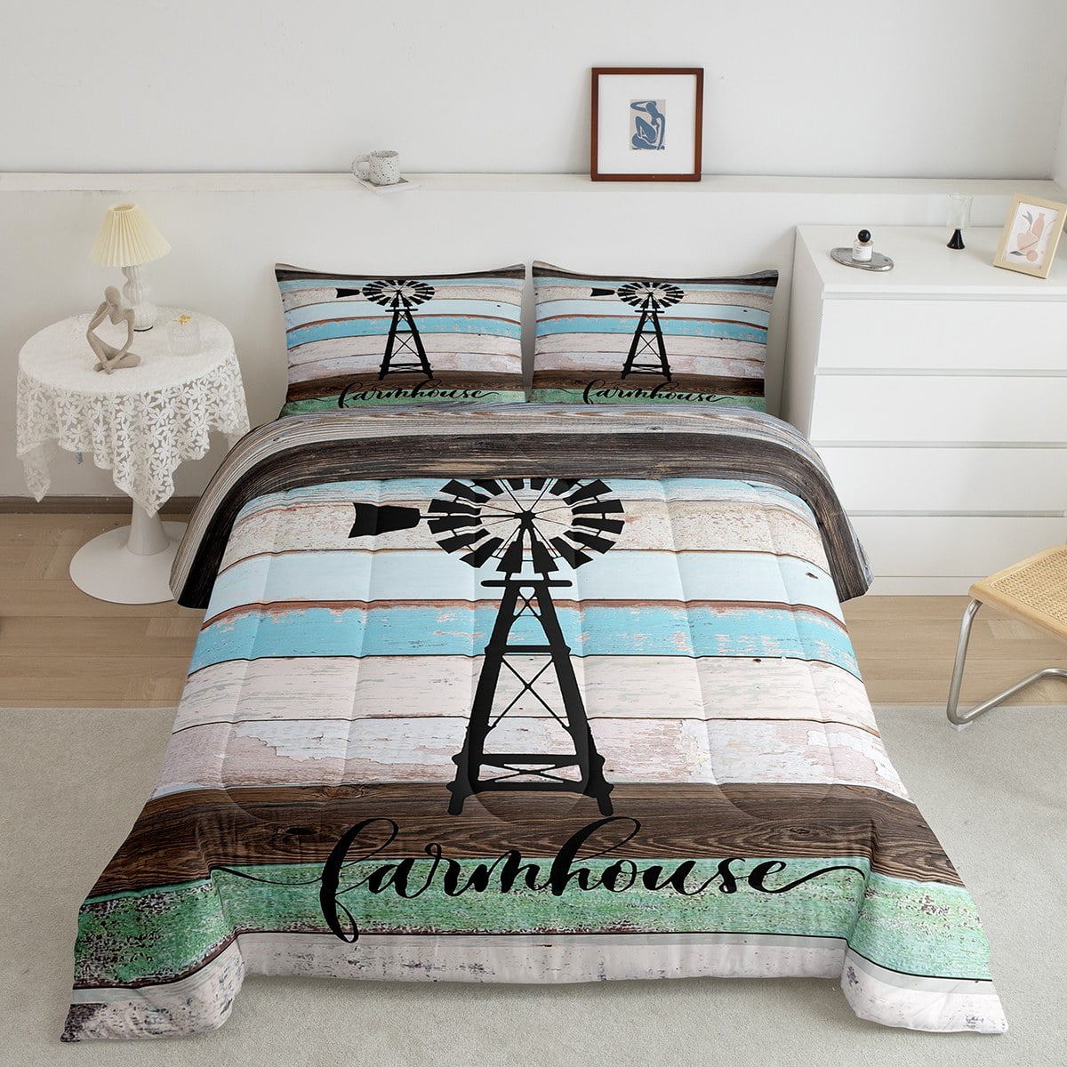 YST Rustic Windmill Comforter Set 3Pcs, Western Farmhouse Quilt Vintage ...