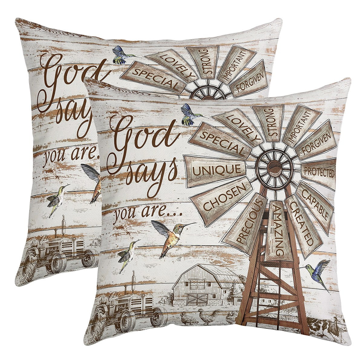 YST Rustic Windmill Farmhouse Throw Pillow Covers,Hummingbird Farm Cow ...