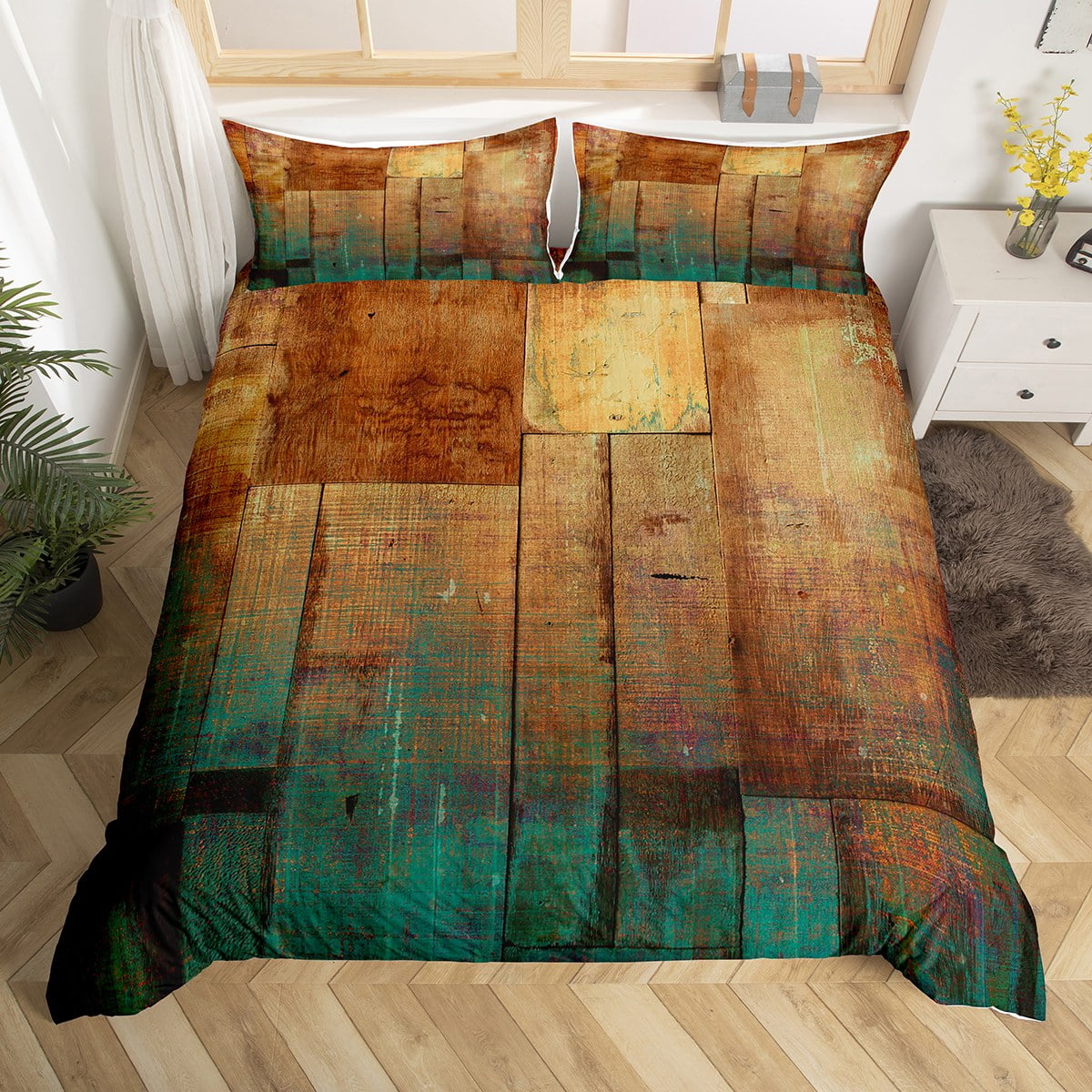 YST Rustic Wooden Duvet Cover for Man Woman,Blue Orange Bedding Set ...