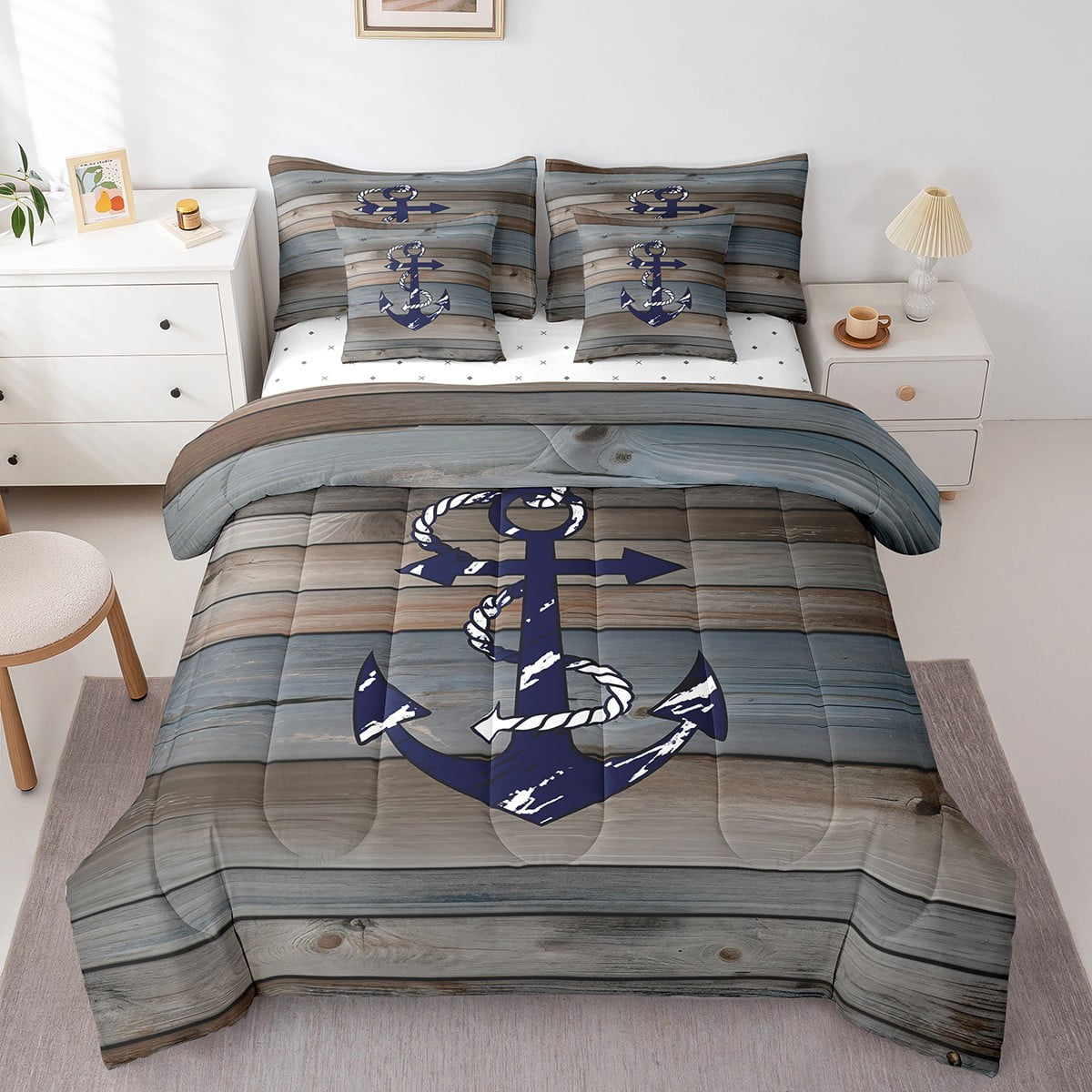 YST Rustic Wooden Plank Comforter Set Queen,Summer Anchor Bed in A Bag,Farm Style Lake Themed ...