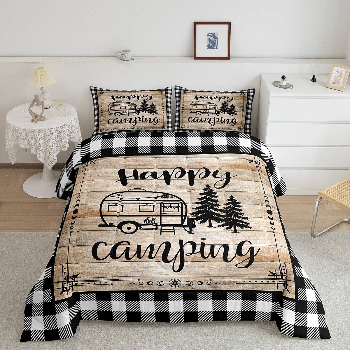 YST Rv Camper Bedding Set For Bunks,Happy Camping Comforter Sets Queen Black White Buffalo Plaid ...