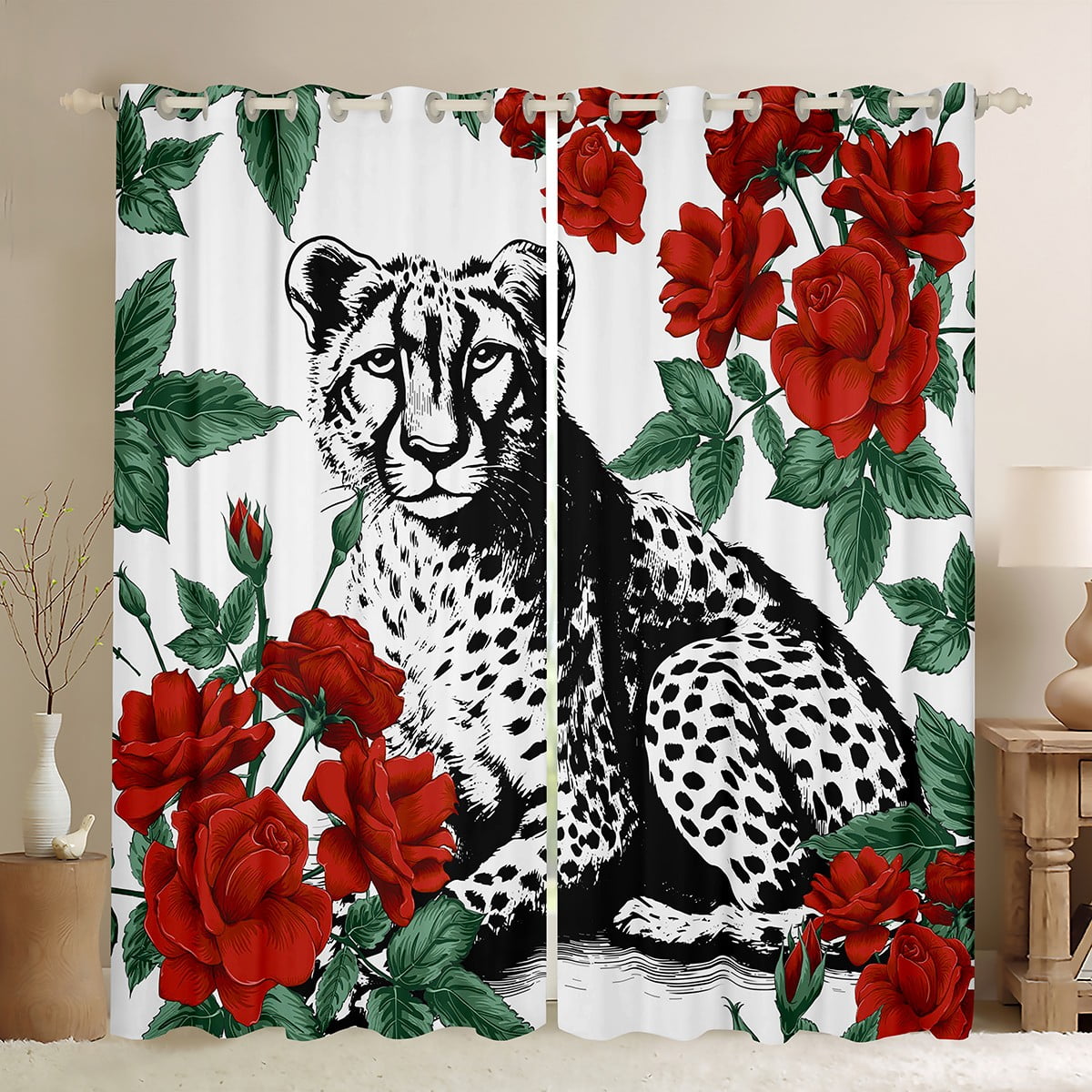 YST Safari Leopard Curtains for Teens Adult,Roamntic Red Rose Blackout ...