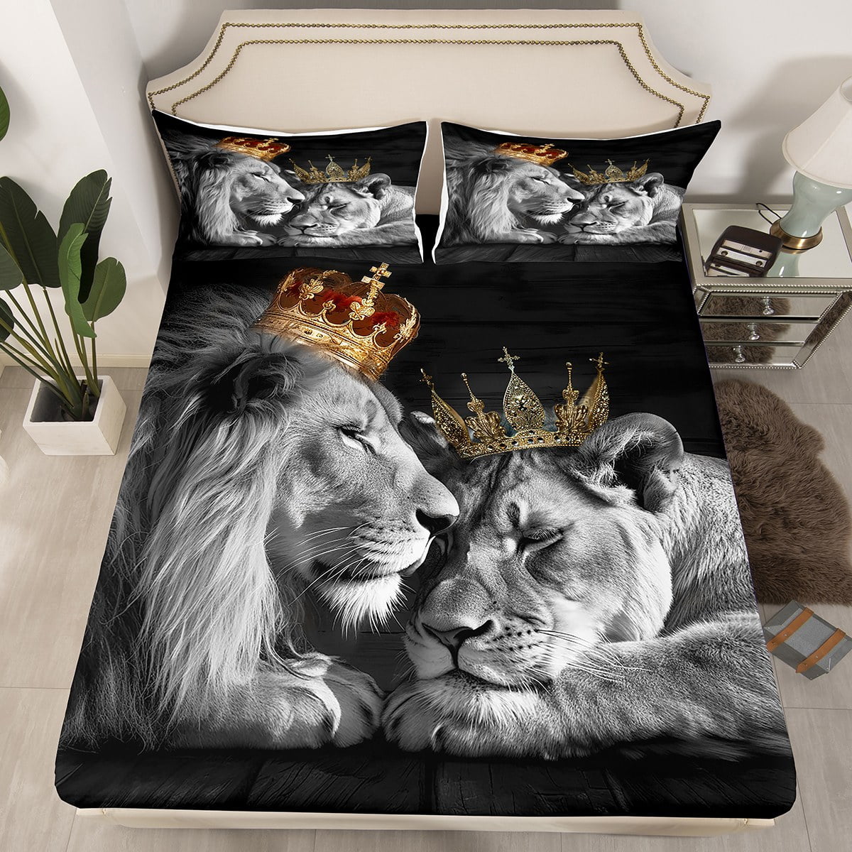 YST Safari Lion Fitted Sheet Queen Size Golden Crown Bed Cover King And ...