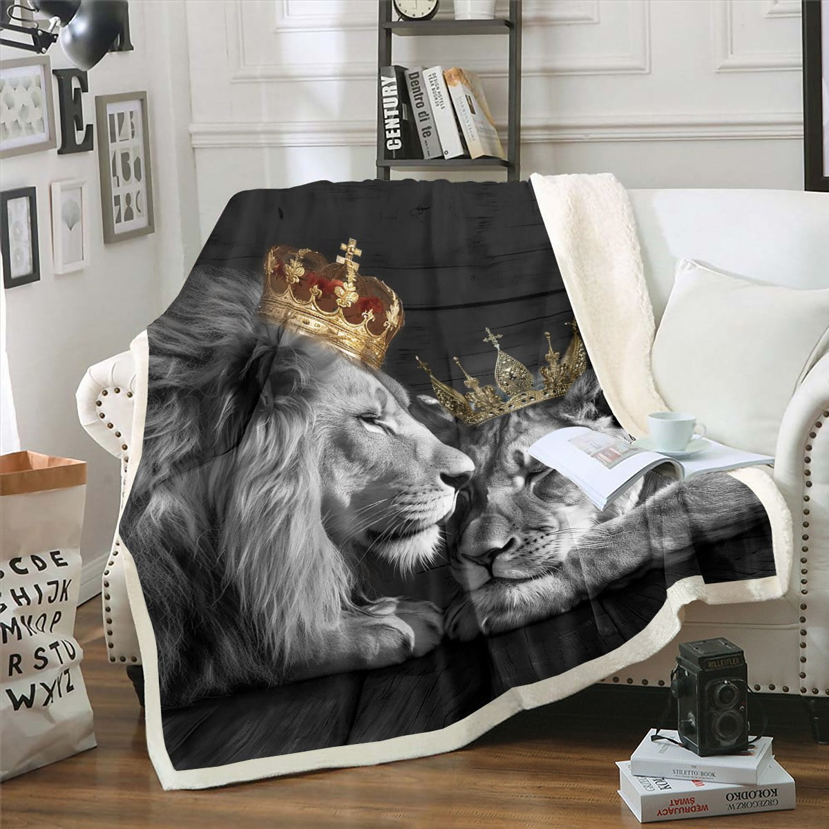 YST Safari Lion Fleece Blanket Throw Golden Crown Sherpa Blanket King ...