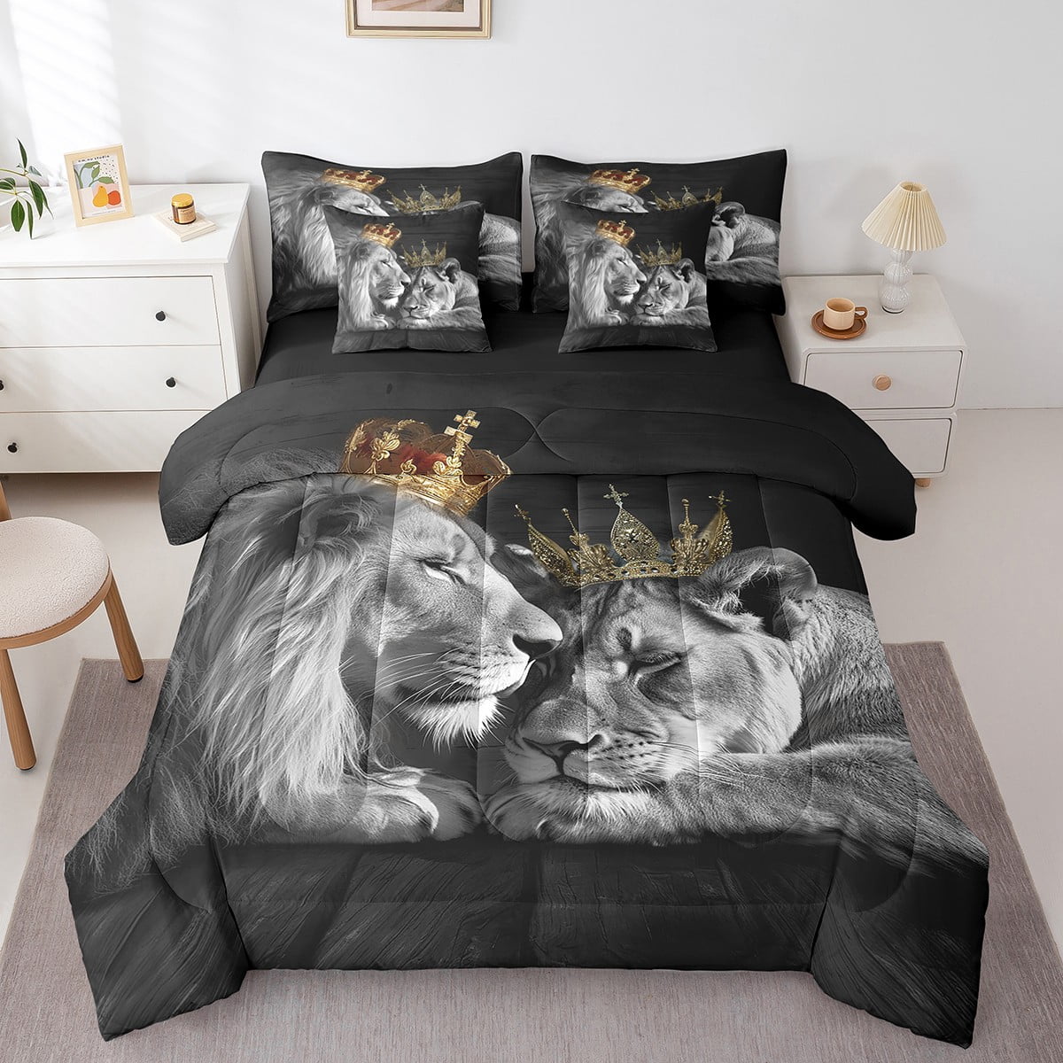 Safari Lion Full Comforter Set 7-Piece,Golden Crown Bedding Set,King ...