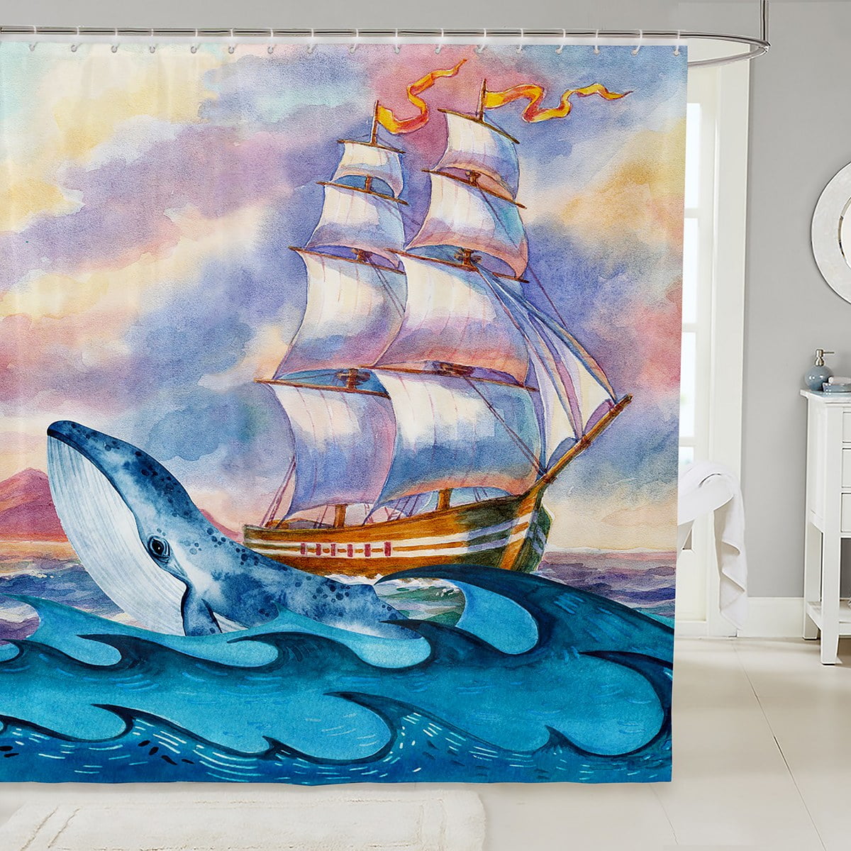 Sailboat Bathroom Shower Curtain Sets Blue Ocean Life Whale Print ...