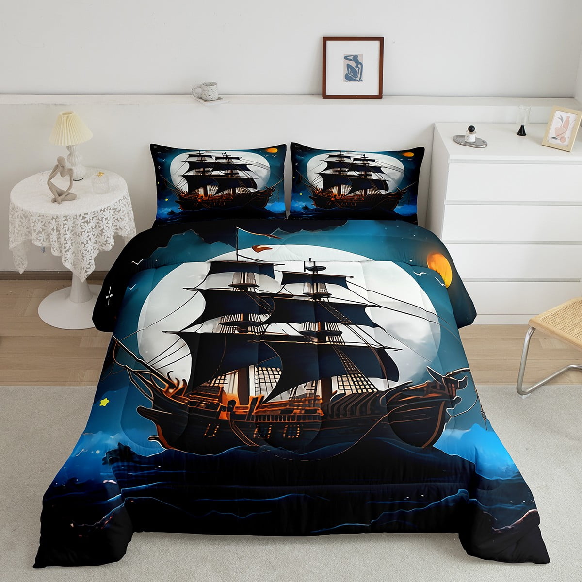 Sailboat Bedding Set Nautical Comforter Set Full Moon Sailing Ship ...