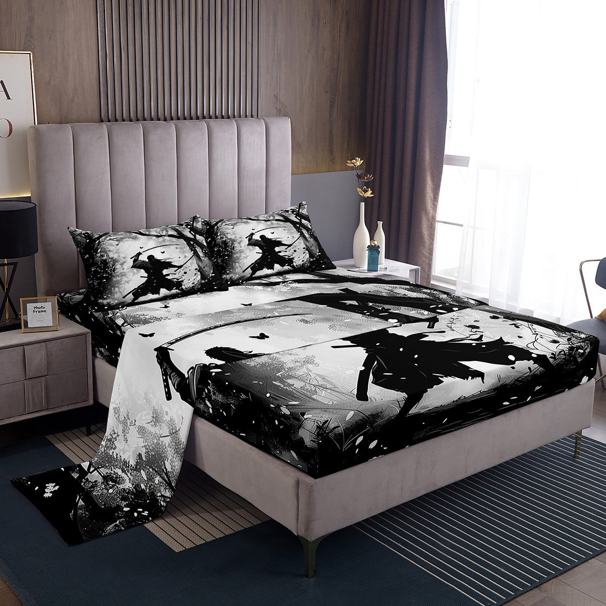 Samurai Print Bed Sheets Set Black and Grey Twin Sheet Set, Japanese ...