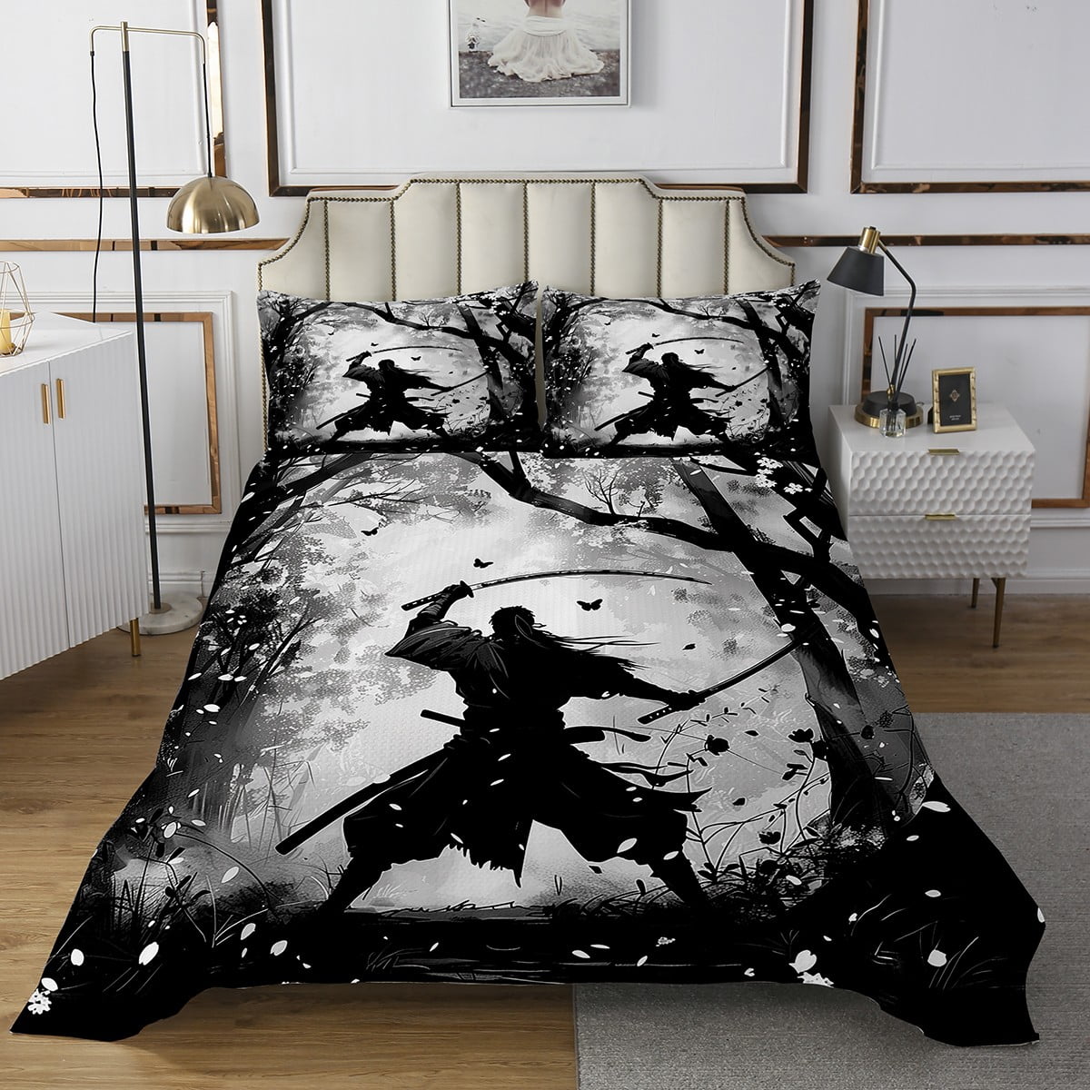 YST Samurai Print Coverlet Twin Size Black and Grey Bedding Set ...
