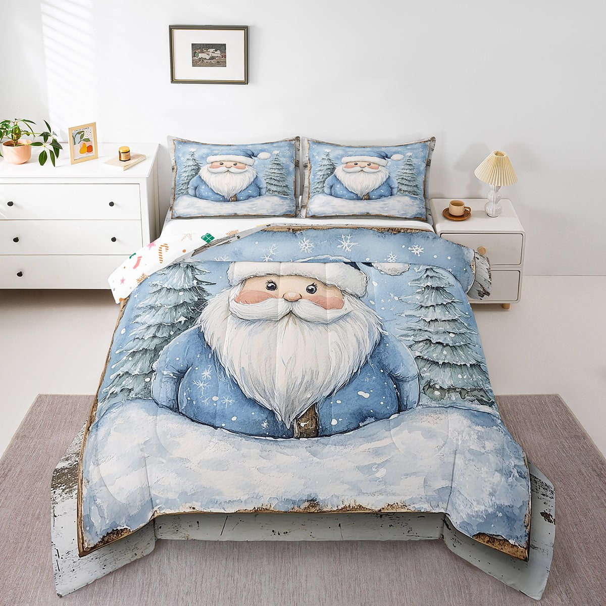 YST Santa Claus Kids Comforter Set, Christmas Tree Bedding Set Queen Size, Xmas Holiday ...