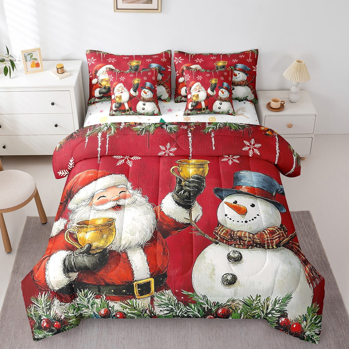 YST Santa Claus and Snowman Comforter Set Queen Size,Red Christmas ...