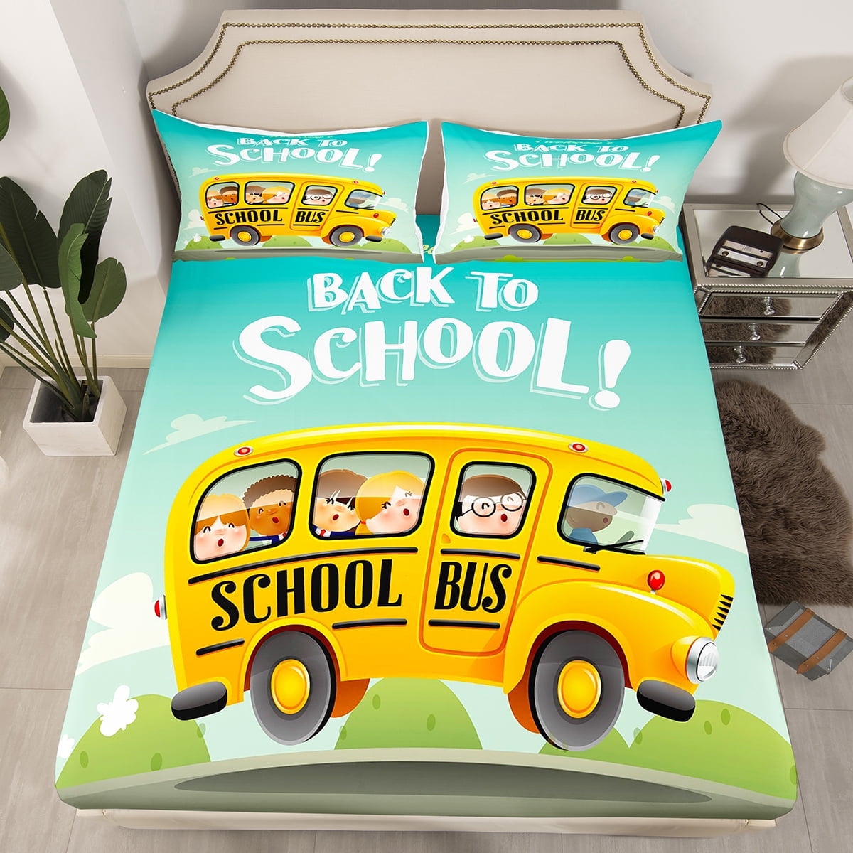 Erosebridal School Bus Bed Set Yellow Car Print Fitted Sheet, Cartoon ...