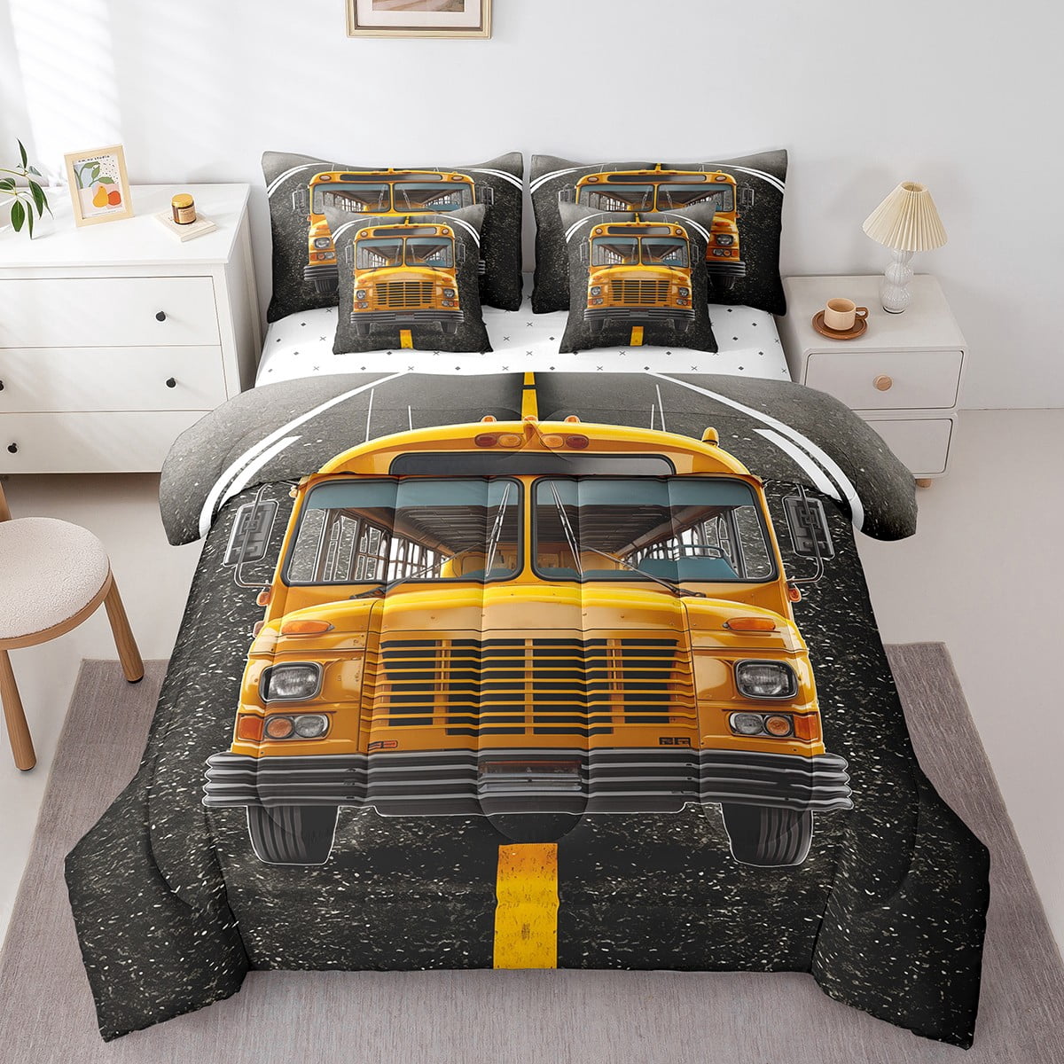 School Bus Bedding Queen Size 7pcs, 3D Bus Vehicle Printed Soft ...