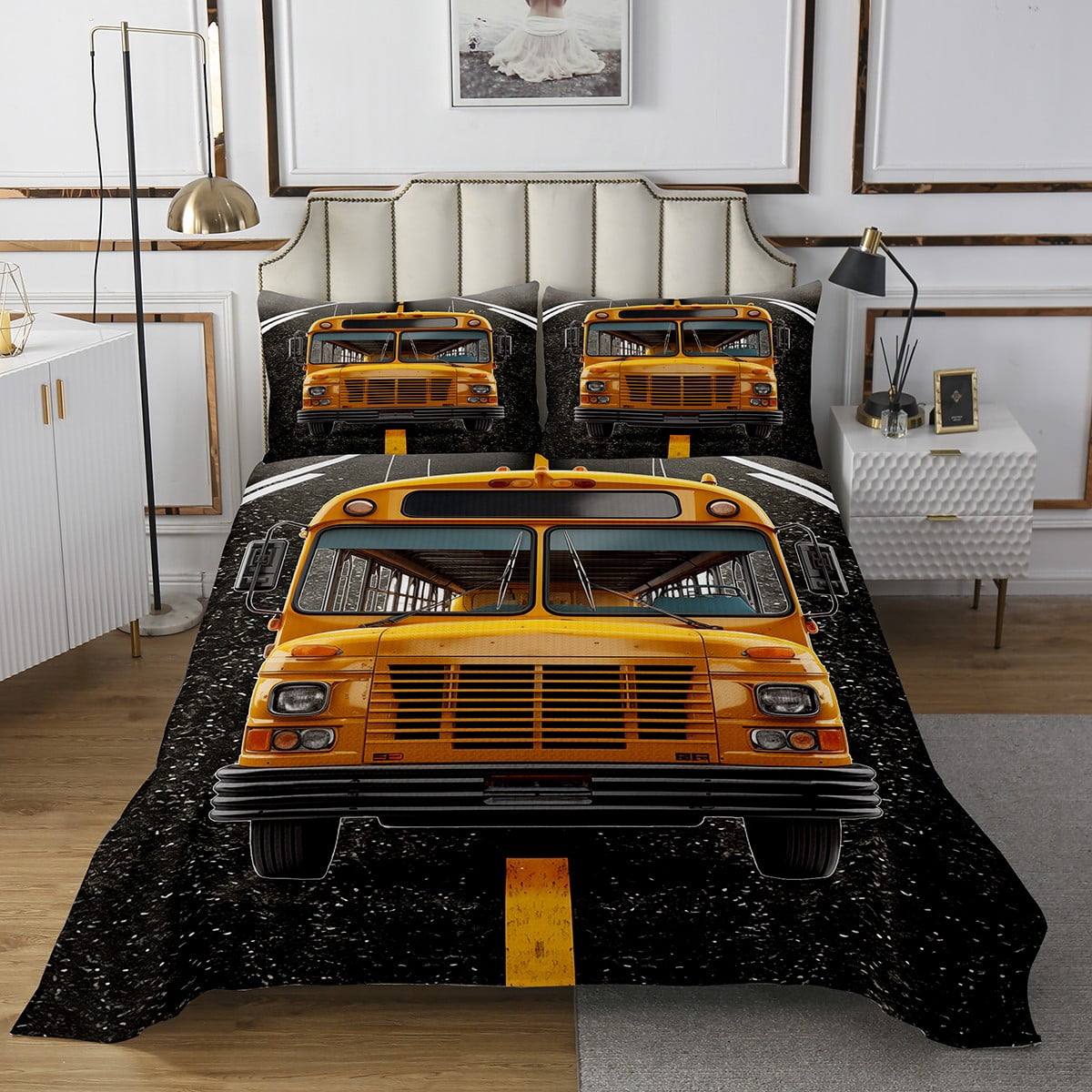 YST School Bus Bedspread Set Twin Size, 3D Bus Vehicle Printed Soft ...