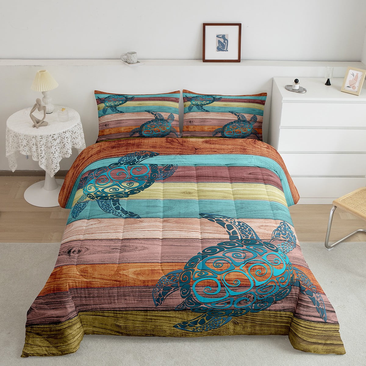 Sea Animal Comforter Set Full Teal Sea Turtle Bedding Set, Tropical ...