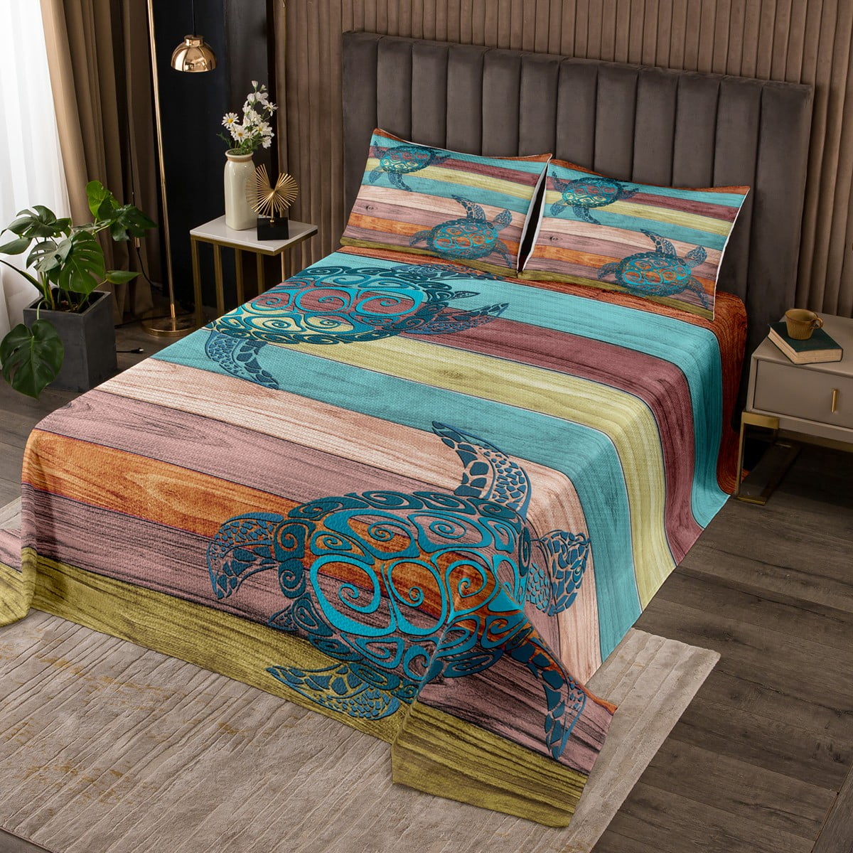 Sea Animal King Bedspread Set Teal Sea Turtle Quilt Set, Tropical ...