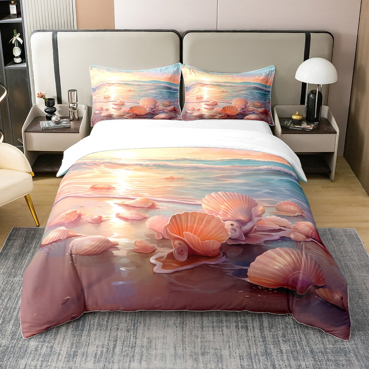 YST Sea Beach 100% Organic Cotton Duvet Cover King,Pink Shell Sunset ...