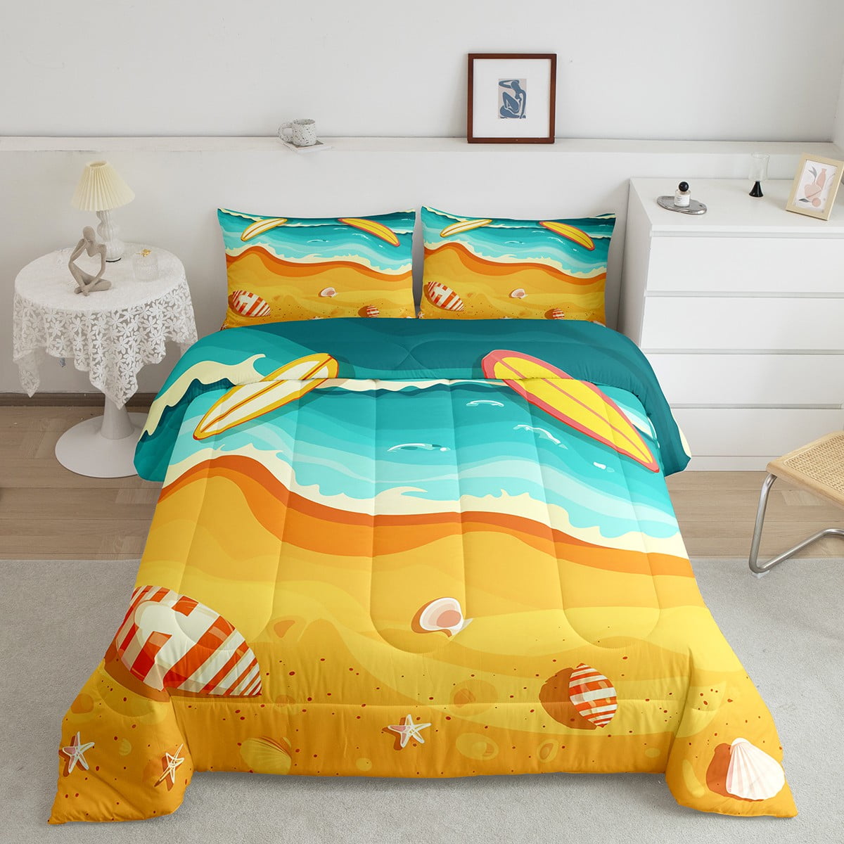 Sea Beach Comforter Set Queen Ocean Wave Bedding Set,Surfing Sports ...
