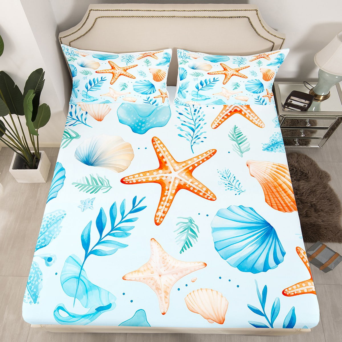 Erosebridal Sea Coastal Starfish Bed Sheets Seashell Conch Twin Fitted ...