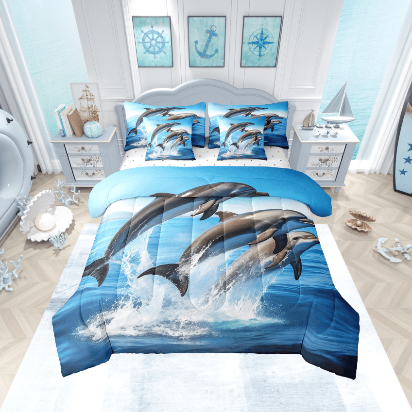 Erosebridal Sea Dolphin Comforter Set King 7 Piece Blue Ocean Marine ...