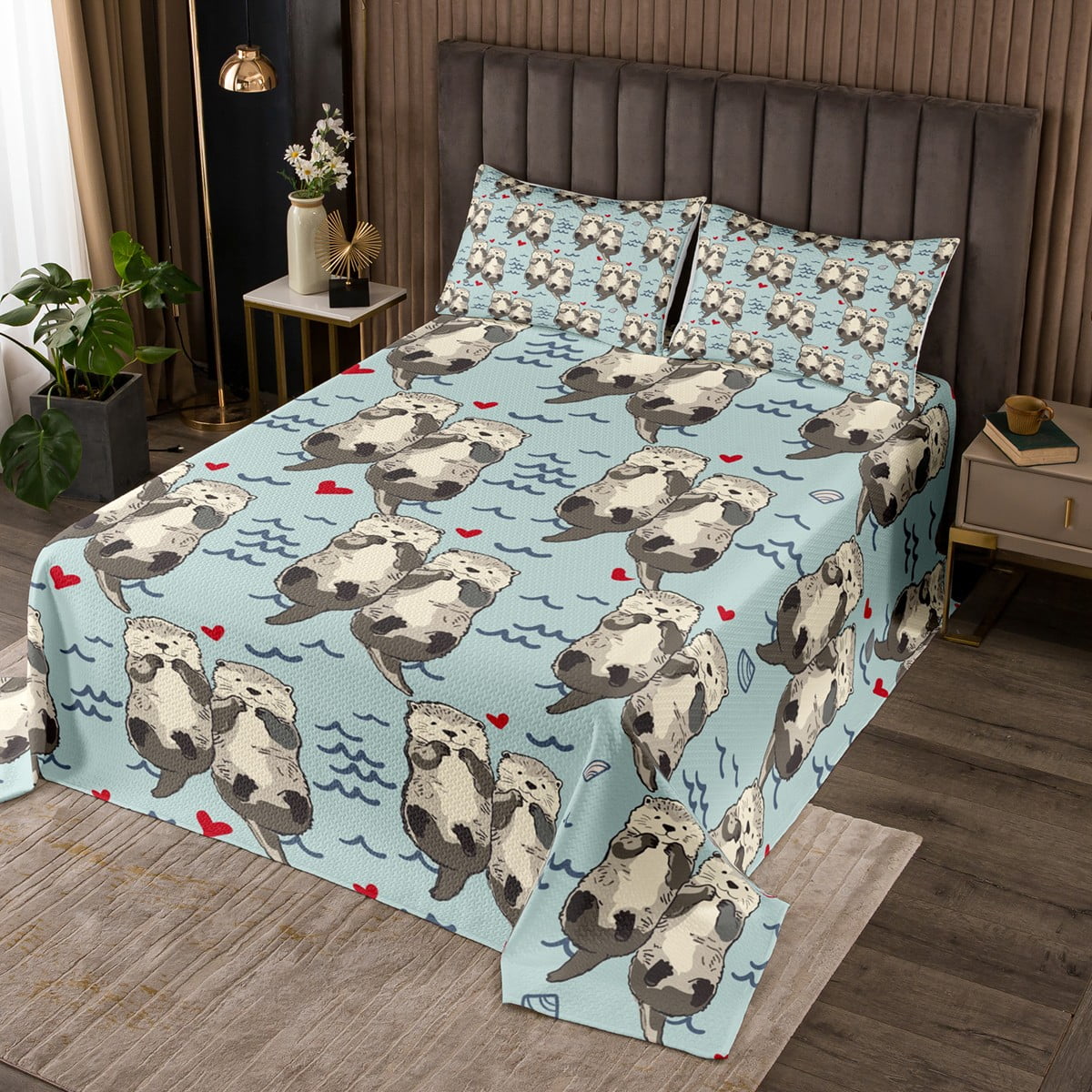 Sea Otters Queen Size Bedspread Set,Kawaii Otter Couples Quilt Set ...