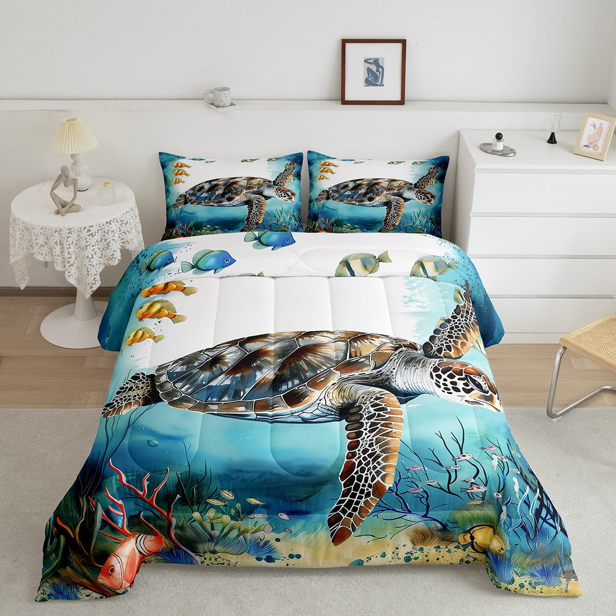 YST Sea Turtle Bedding Sets Queen Ocean Beach Comforter Set,Cartoon ...