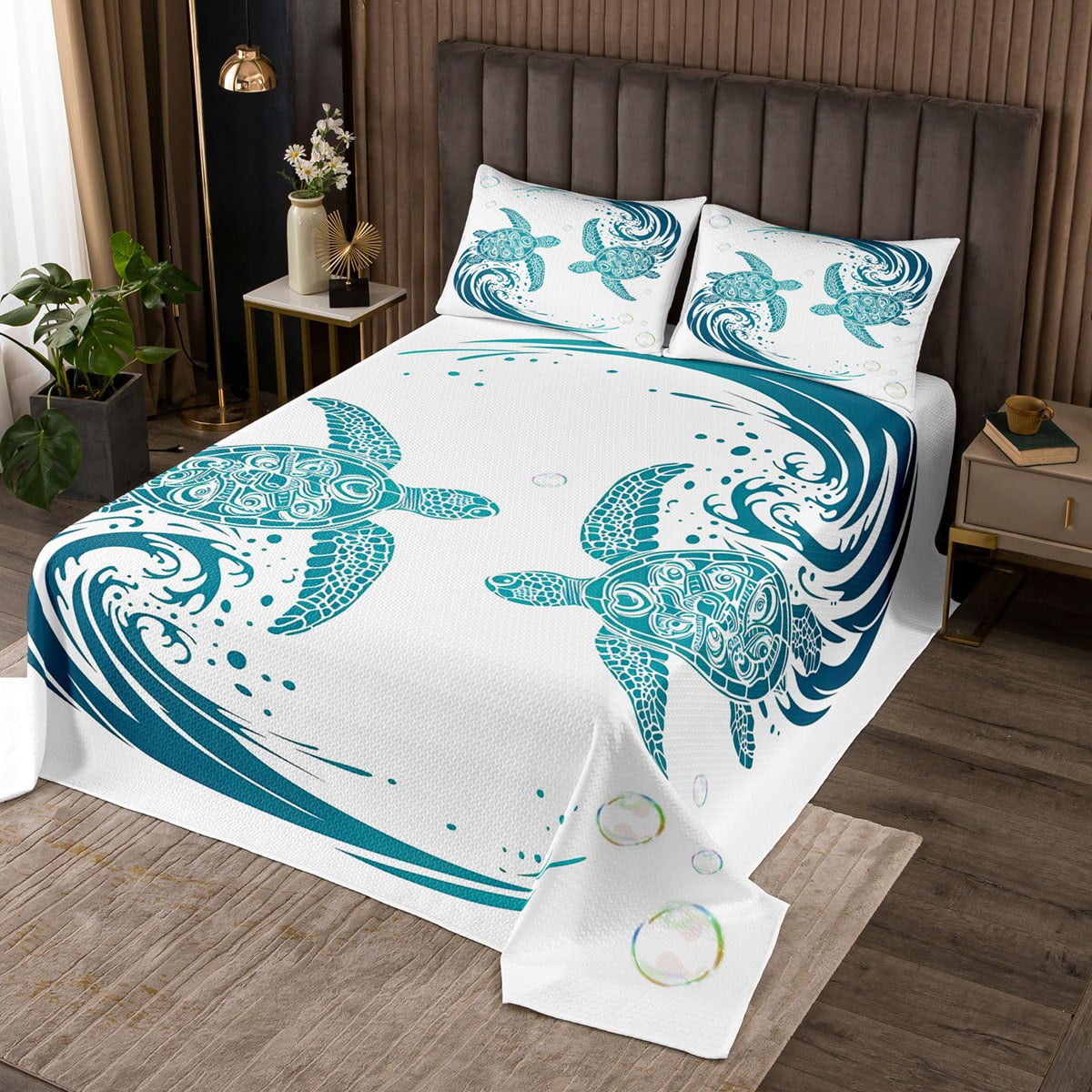 Erosebridal Sea Turtle Bedspread Set King Size, Tortoise Sea Wave Quilt ...