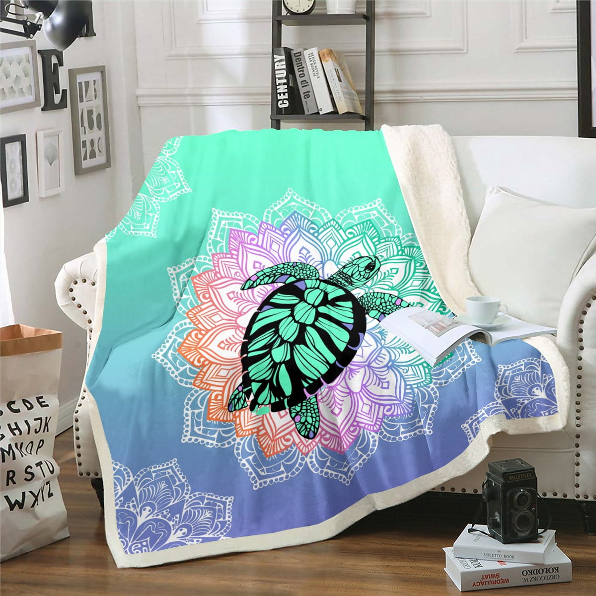 Sea Turtle Blanket Queen 90"x90", Boho Flower Throw Blanket , Colorful ...