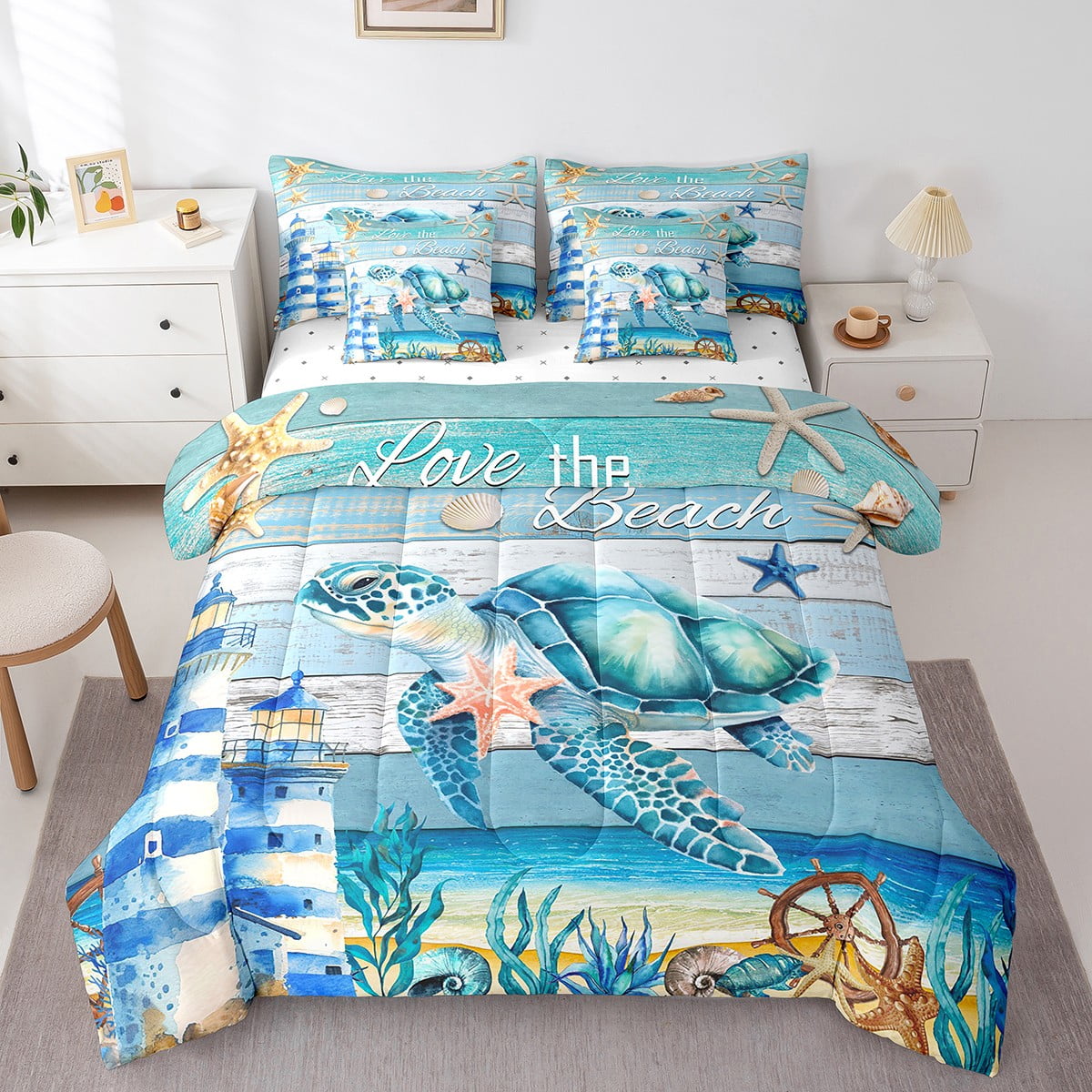 Sea Turtle Comforter Set 7 Piece,Summer Ocean Beach Bed in A Bag,Sea ...