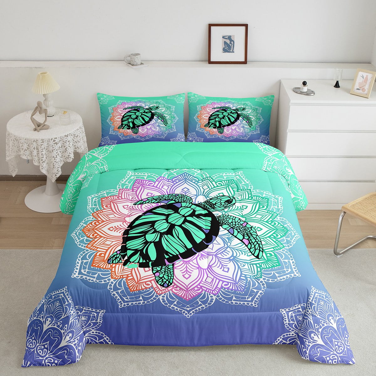 YST Sea Turtle Comforter Set Full, Boho Flower Bedding for Kids Girls ...